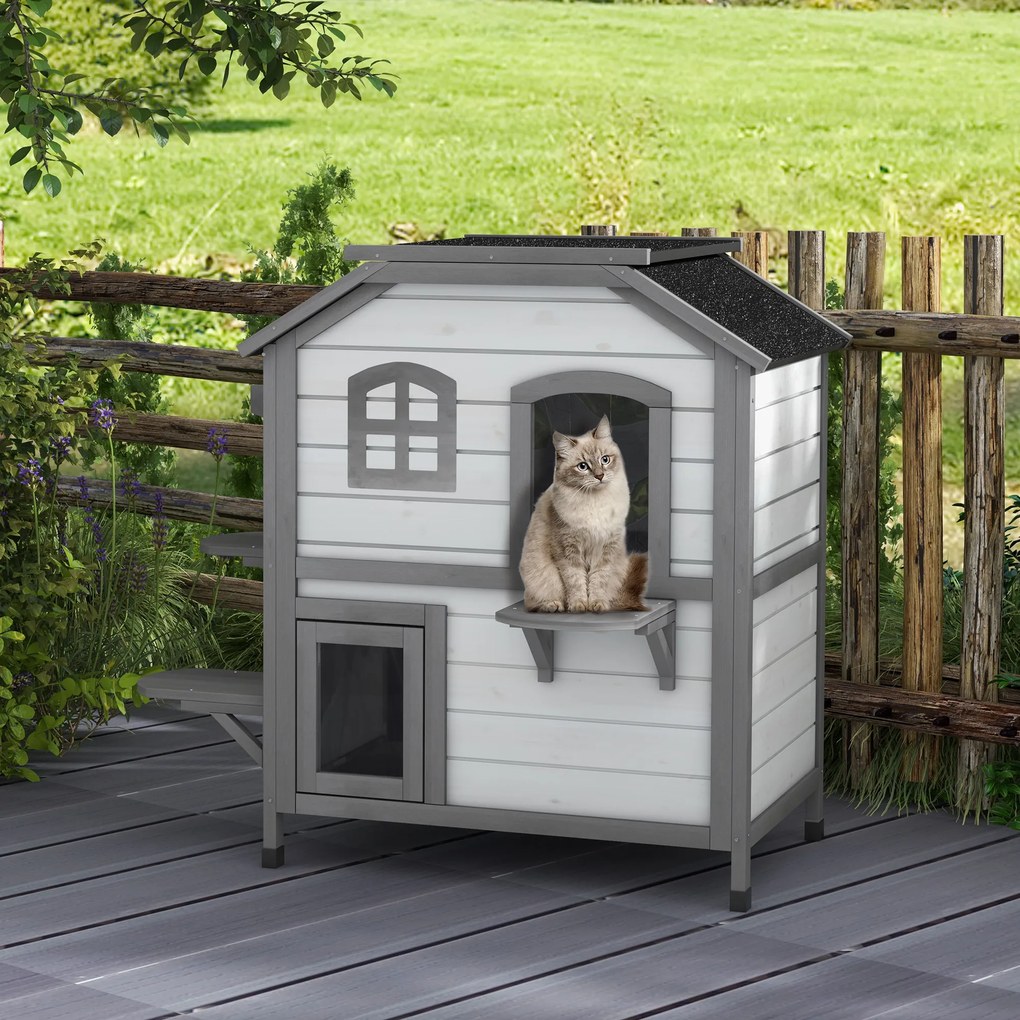 Dřevěný domek pro kočky PawHut, venkovní domek pro kočky se schody, 2 patra, domek pro malá zvířata pro kočky do 4,5 kg, bílý, 78 x 55,5 x 91 cm | Ao…