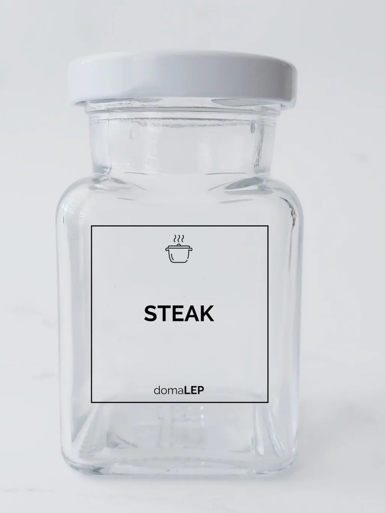 Samolepka na kořenky STEAK průhledná 5 × 5 cm tučné písmo