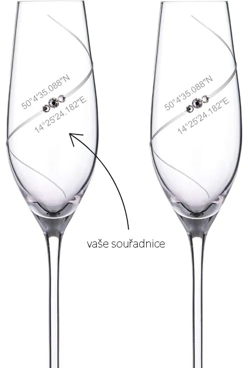 Dekorant svatby Sklenice na šampaňské s kamínky Swarovski Silhoutte City 210 ml 2KS SOUŘADNICE LÁSKY
