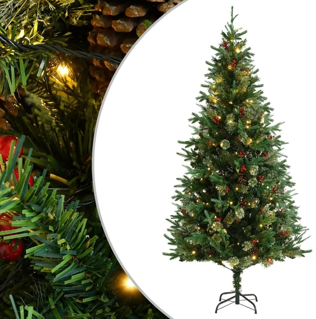 Vánoční stromek s LED a borovými šiškami zelený 225 cm PVC a PE,  344290