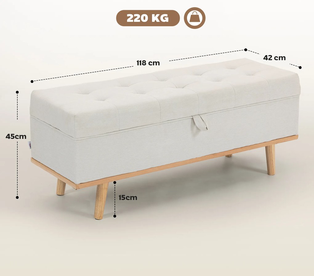 HOMCOM úložná lavice s úložným prostorem 80L, s látkovým potahem a dřevěnými nohami, 118x42x45 cm, krémová