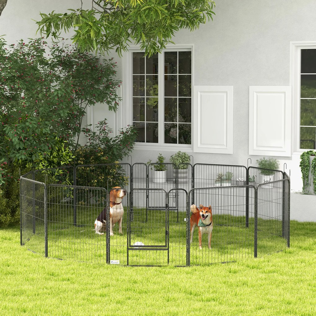 PawHut výběh pro štěňata 80 cm vysoký, 12-TLG výběh pro štěňata se 2 dvířky, DIY výběh pro střední psy, králíky, morčata, ocel, šedý