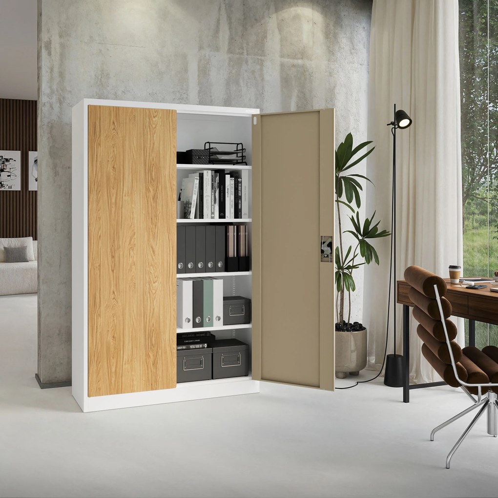 Kovová kancelářská skříň na dokumenty široká bílá bílá/zlatý dub, 1150x1850x400 mm: JAN II Eco Design