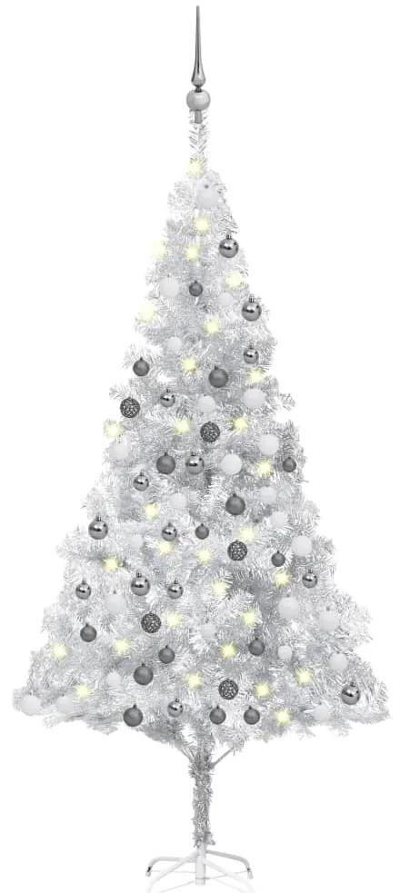 3077696 vidaXL Umělý vánoční stromek s LED a sadou koulí stříbrný 180 cm PET