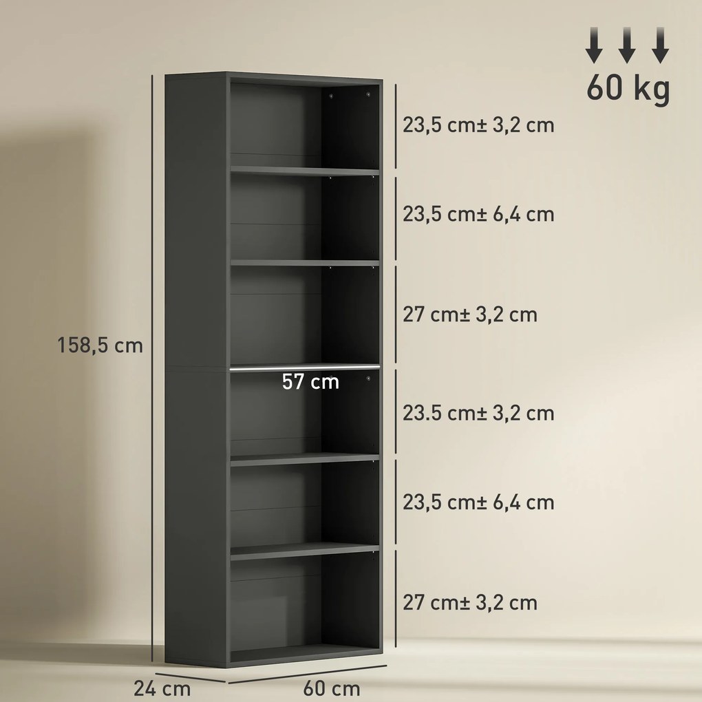 HOMCOM knihovna úložný regál 6 úrovní s nastavitelnými policemi pro obývací pokoj, ložnici, kancelář, 60x24x158,5 cm, černá