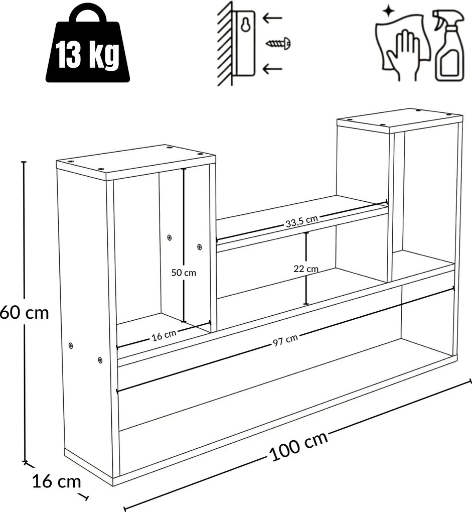 Nástěnný regál TALO, 100 x 60 x 16 cm, bílý