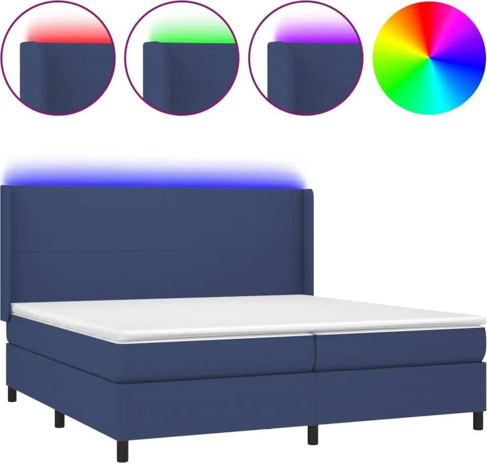 Box spring postel s matrací a LED modrá 200x200 cm textil 3138187