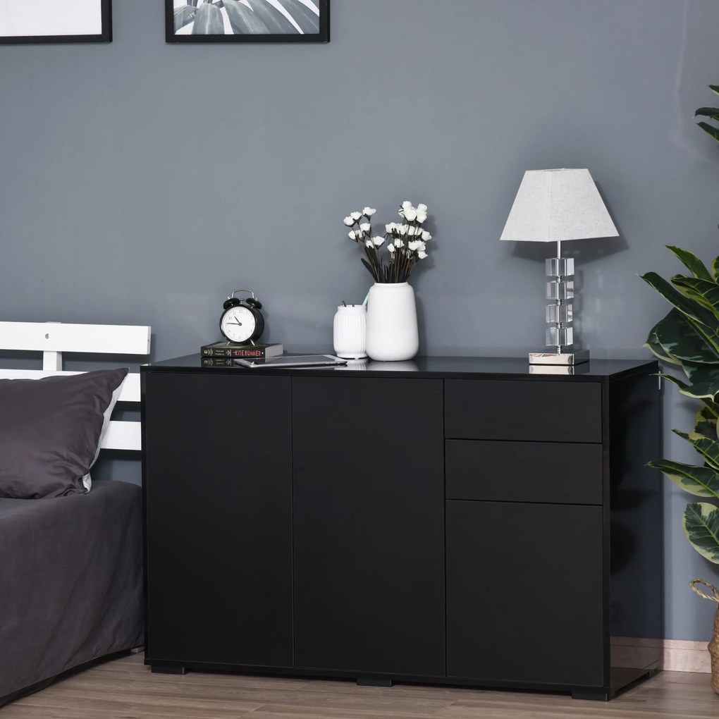 HOMCOM Buffet Skříň s Úložným Prostorem a 2 Zásuvkami, 3 Dveřmi, Nastavitelnou Policí, Dřevotřísková Deska, 117 x 36 x 74 cm Černá