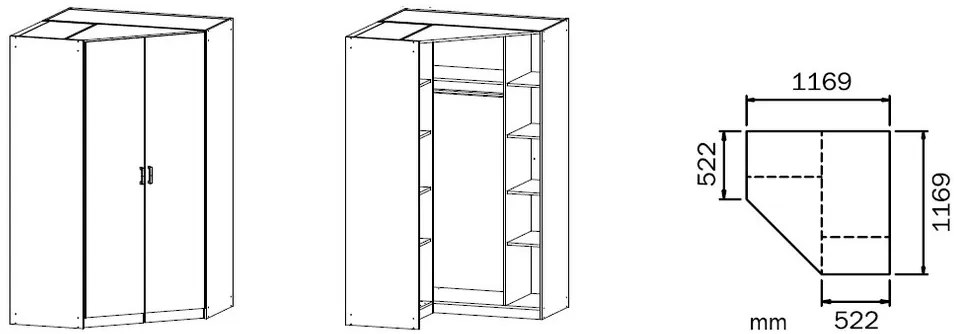 Rohová šatní skříň Bremen, dub artisan/tmavě šedá