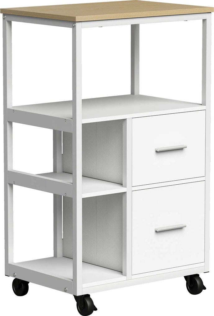 HOMCOM Kuchyňský vozík na kolečkách se 2 zásuvkami, otevřeným úložným prostorem a 2 zajištovacími kolečky, bílá
