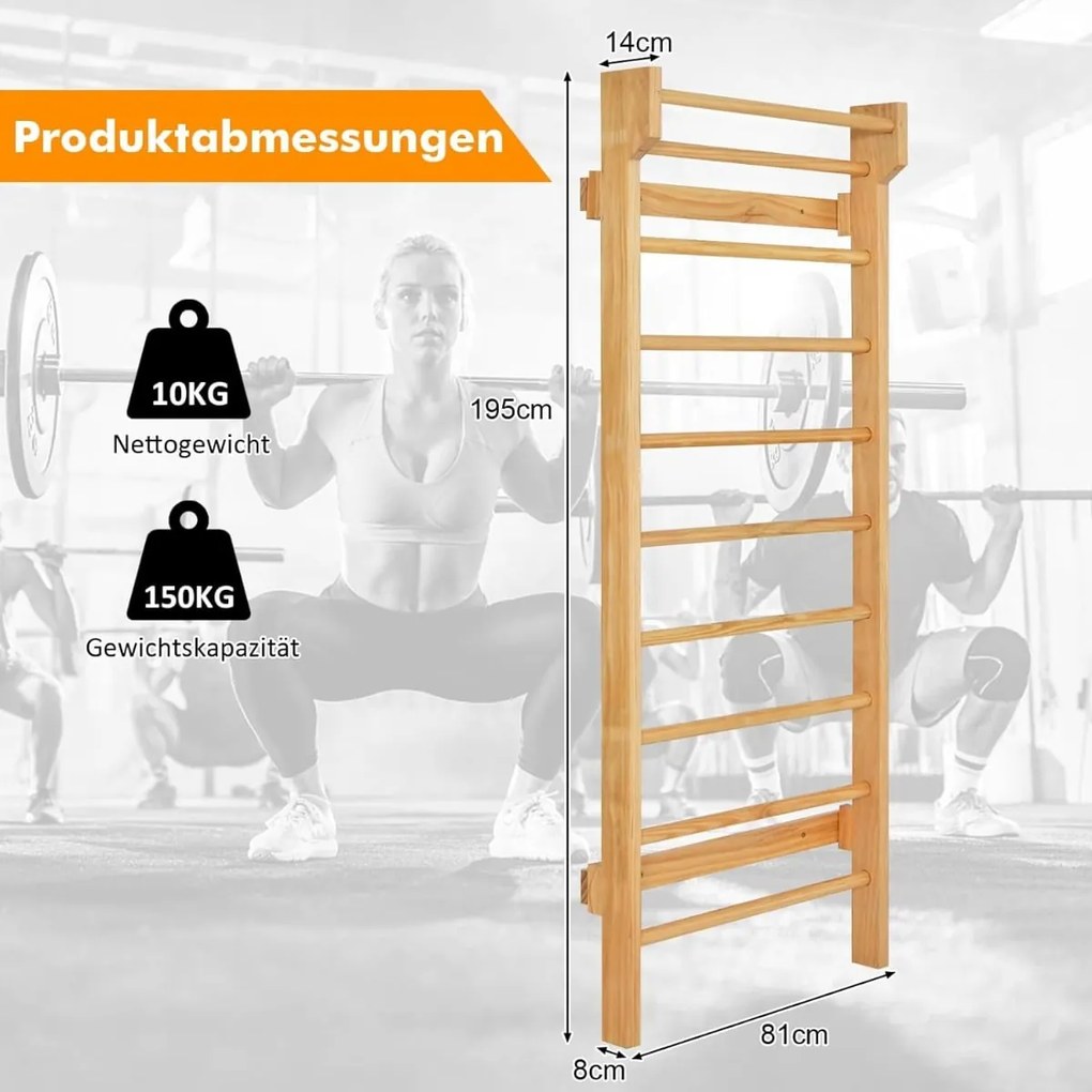 Costway Dřevěné hrazdy se stahovací tyčí a 10 příčky lezecká stěna 150 kg odolná