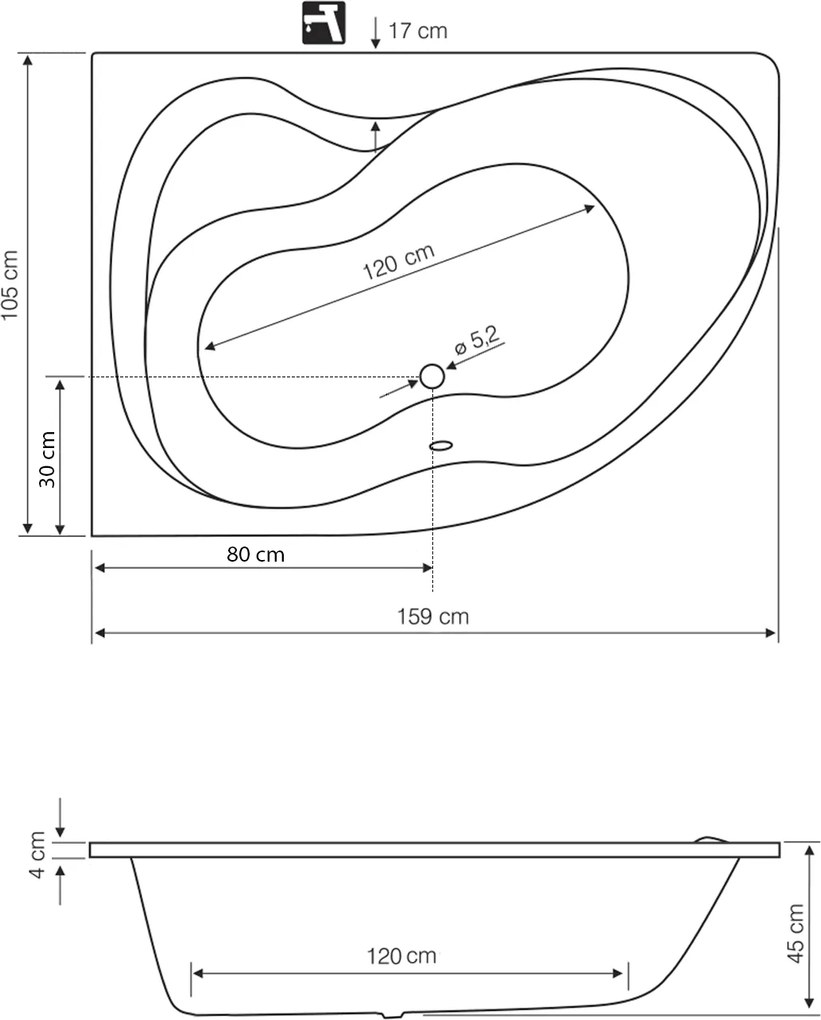 Aqualine Cidlina G3615 asymetrická vana 160 x 105 cm akrylátová levá