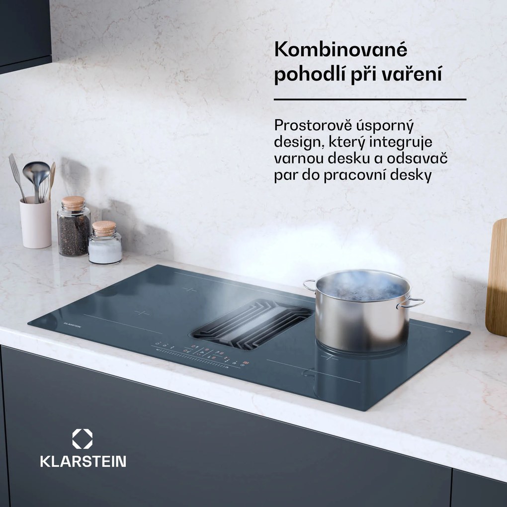 Klarstein Přímo uprostřed: Luxusní indukční varná deska s DownAir digestoří s průtokem odsávání vzduchu až 745 m³/h