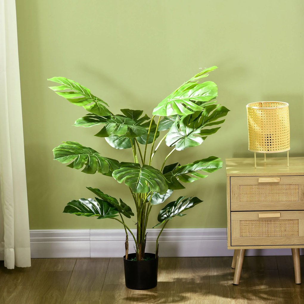HOMCOM Umělá rostlina Monstera 120cm s květináčem a PE mechem, klamně skutečná pro obývací pokoj a dekorace v zelené barvě