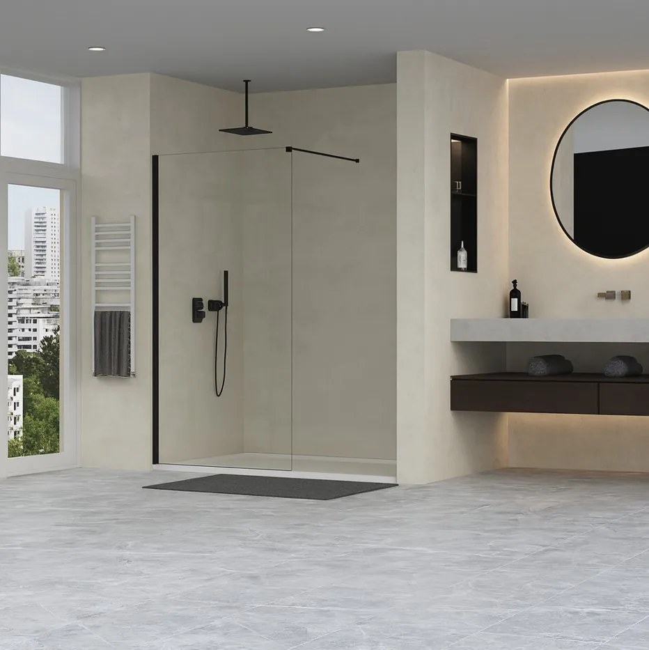 Erga Paris, sprchová zástěna Walk-In 90x200 cm, 8mm čiré sklo, černý profil, ERG-V02-PARIS-090x200-CL-BK