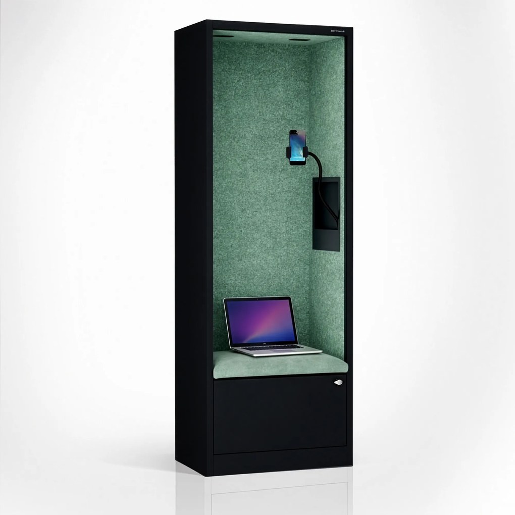 Skříň se sedákem a zónou ticha SALLY MentalBox, černá konstrukce, zelený sedák, 1850 x 600 x 400 mm