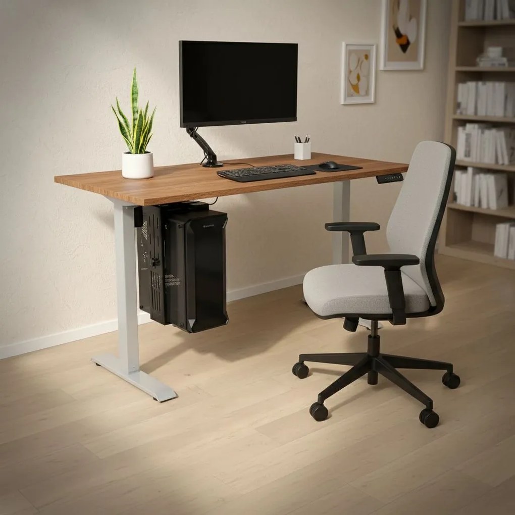 Výškově nastavitelný stůl OfficeTech B, 120 x 80 cm, šedá podnož, dub silverjack