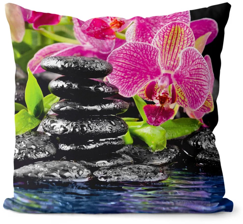 IMPAR Polštář Orchidej s černými kameny 40x40 cm (Velikost: 40 x 40 cm)