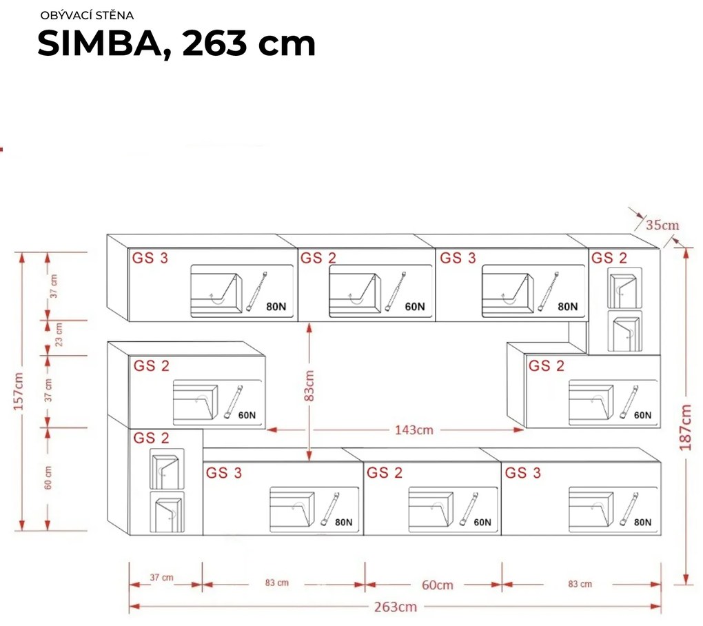 Ral Obývací stěna SIMBA 10, 263 cm - Bílo/černý lesk