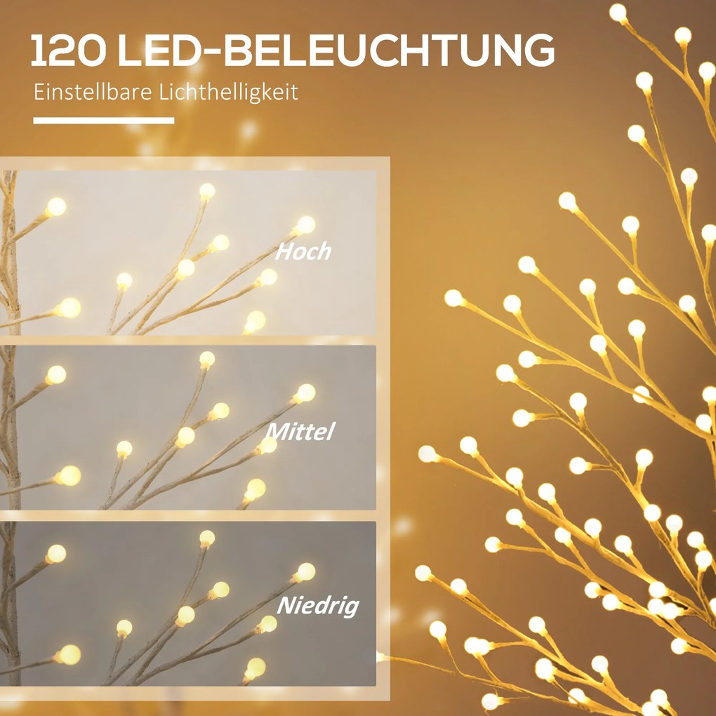 HOMCOM Strom se světly 150 cm bříza se 120 teplými bílými LED diodami, 3 úrovně jasu, umělá bříza na párty, svatby a Vánoce IP44