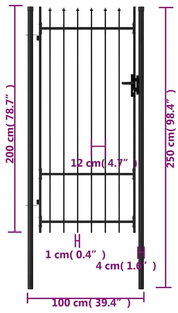 vidaXL Marketos Plotová branka Boxtel jednokřídlé dveře s hroty nahoře ocel 1x2 m černá
