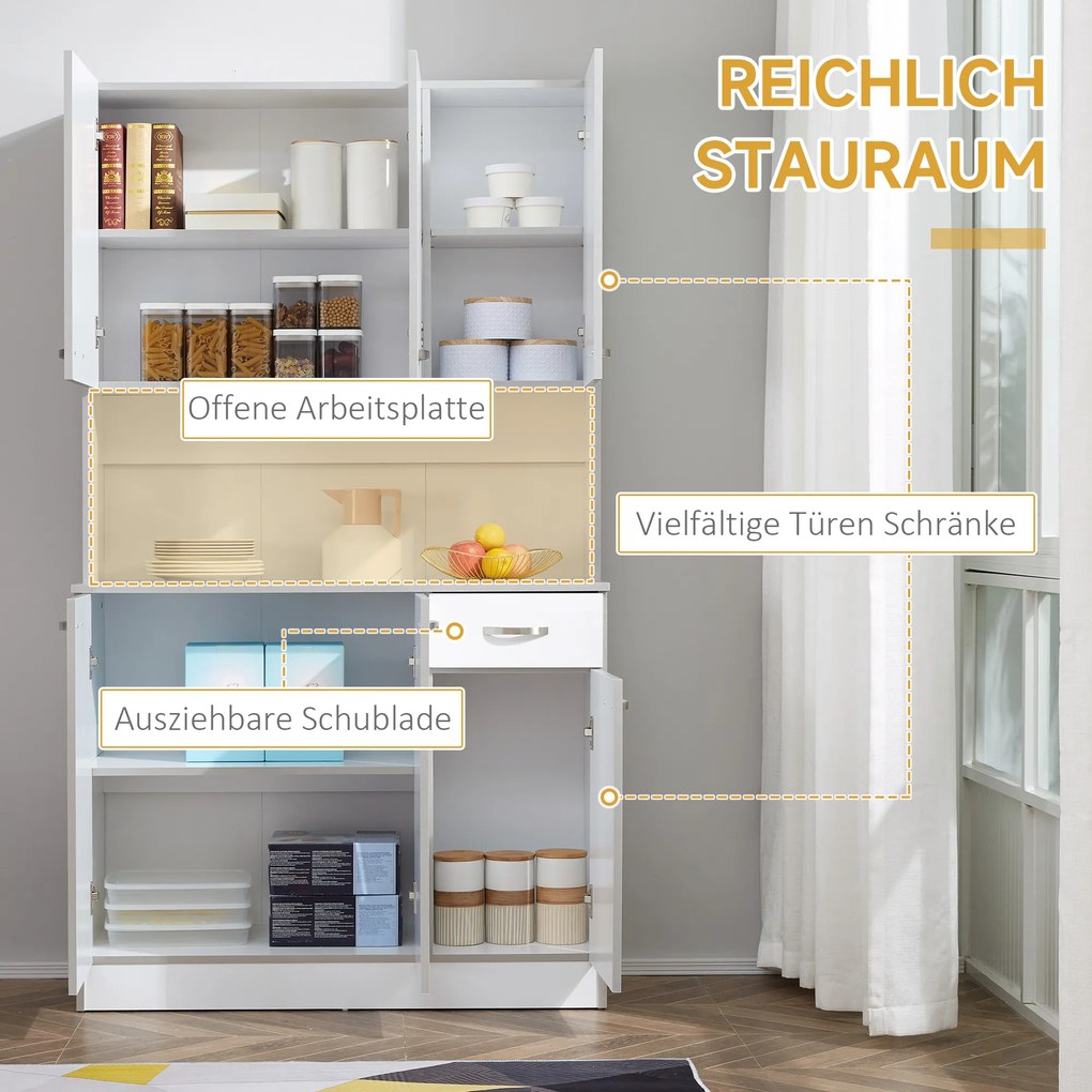 HOMCOM Moderní kuchyňský bufetový kabinet s vícero úložnými prostory, 6 dveří, 1 šuplík + velká pracovní deska, rozměry 101L x 39W x 180H cm v bílé a…
