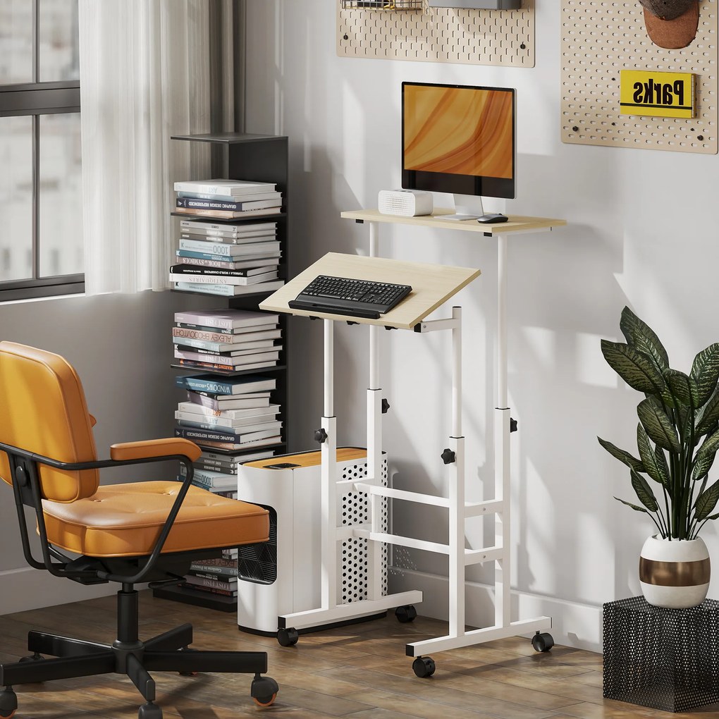 HOMCOM stojací‑sedací stůl 60×60 cm – výškově nastavitelný, s kolečky, naklápěcí deska stolu, kovový rám, přírodní