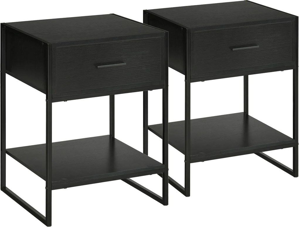HOMCOM Sada 2 moderních nočních stolků, 2 noční stolky do ložnice a obývacího pokoje, se zásuvkou a otevřenou policí, moderní design, MDF a ocel, 45x4