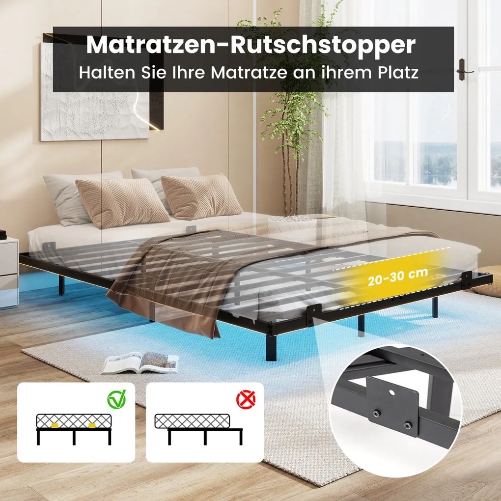 Costway Rám dvoulůžka plovoucí postel s LED světly moderní rám z kovu černé