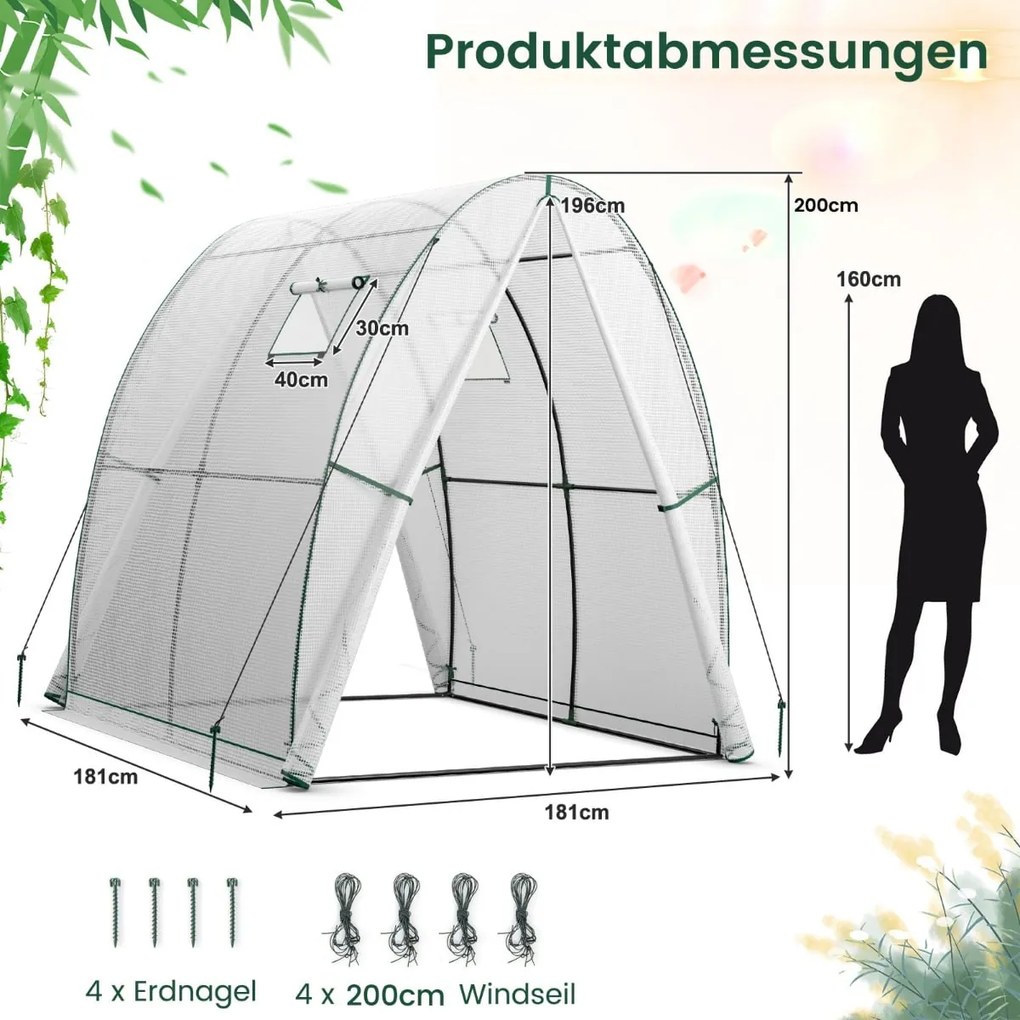Costway Fóliový skleník s PE krytem do každého počasí a – 181 × 181 × 200 cm