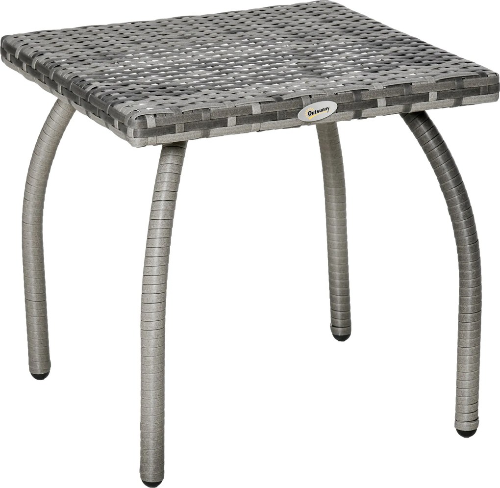 Zahradní stolek Outsunny z ratanu se železnými nohami, nosnost 30 kg, venkovní stolek pro terasu, balkon 45x45x44 cm šedý | Aosom
