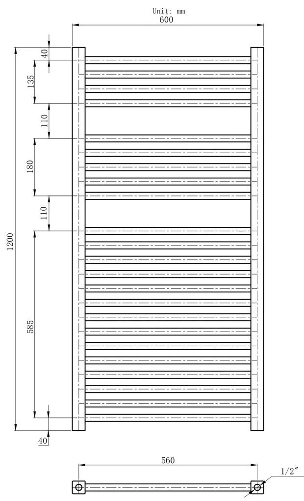 Gamma Erga Proper, topné těleso 1200x600 mm, 826W, černá, ERG-LAV-PROP-12060-BK