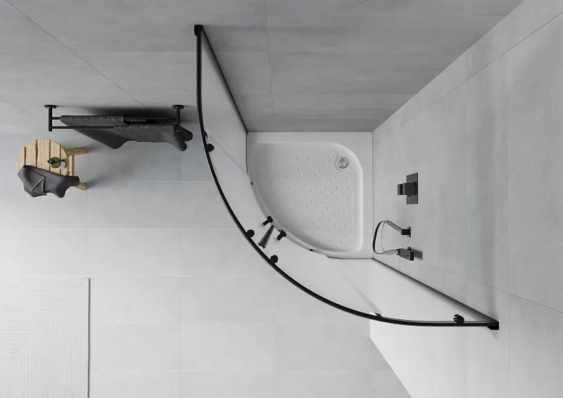 Mexen Rio, čtvrtkruhový sprchový kout s posuvnými dveřmi 80 (dveře) x 80 (dveře) x 190 cm, 5mm sklo námraza, černý profil + bílá sprchová vanička RIO, 863-080-080-70-30-4710