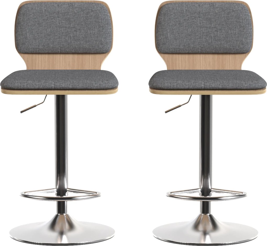 HOMCOM 2dílná sada barových židlí, výškově nastavitelná, s opěradlem a opěrkou nohou, otočná o 360°, 41x47,5x81-102 cm, šedá