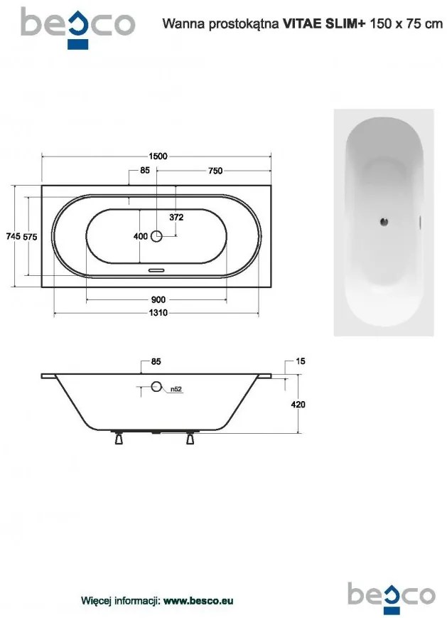 BESCO Obdélníková vana VITAE SLIM+ Barva sifonu - Bílá, Nožičky k vaně - Bez nožiček, Rozměr vany - 150 × 75 cm VANVIT15SLIMPLW