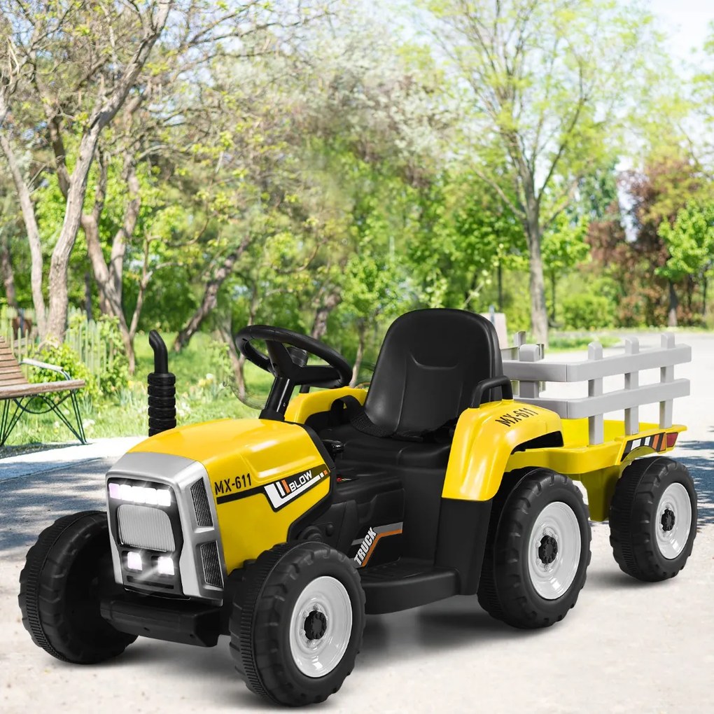 Costway Dětský traktor 12 V s přívěsem na baterie elektrické autíčko žluté, žluť
