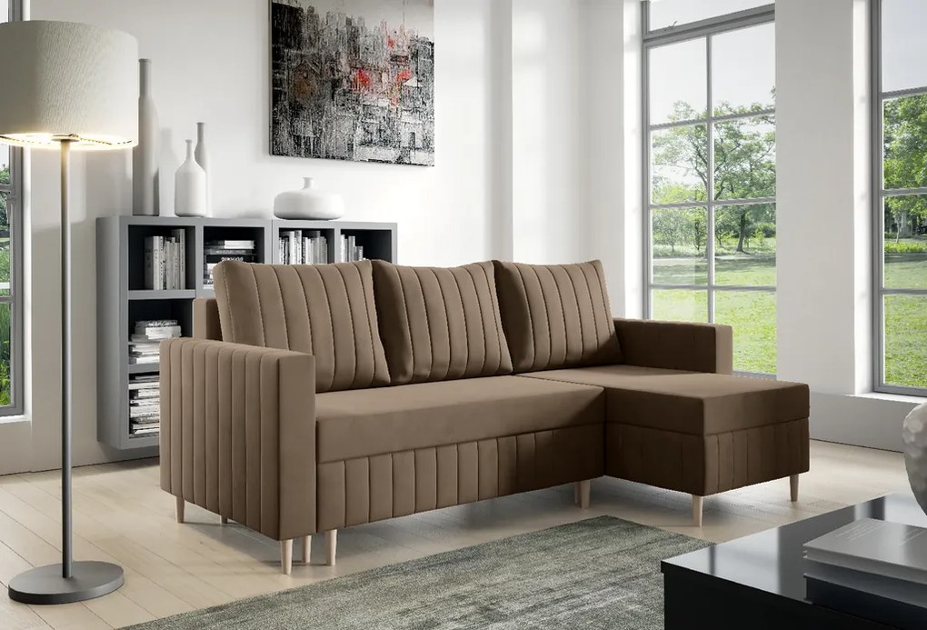 Rohová rozkládací sedací souprava do L TAMPA, 227 cm, s úložným prostorem Roh pohovky: Pravý roh, Barva látky: Tmavě modrá (Monolith 77)
