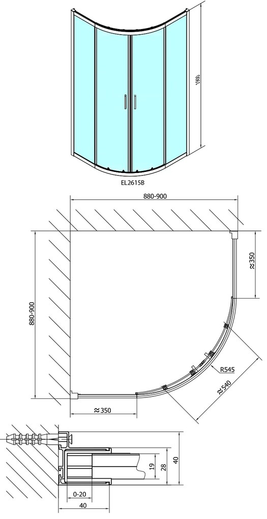 Polysan Polysan, EASY BLACK čtvrtkruhová sprchová zástěna 900x900mm, L/R, číré sklo, EL2615B