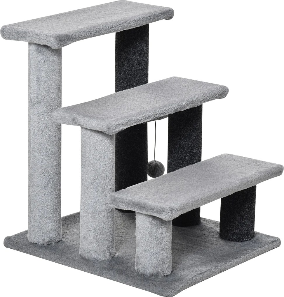 PawHut Kočičí Schody 3-Krokové Domácí Schody pro Mazlíčky se Škrabacími Sloupky a Míčkem pro Psy až 5 kg, Plyš Juta Šedá 45 x 40 x 48 cm | Aosom