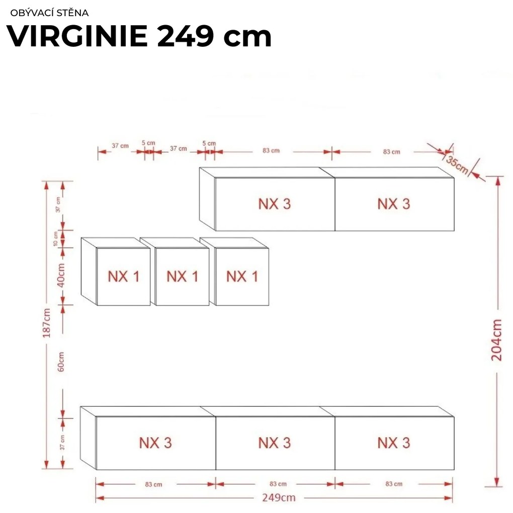 Ral Obývací stěna VIRGINIE 4, 249 cm - Bílý lesk