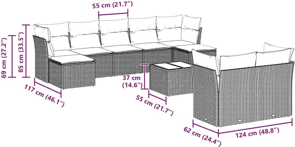 10dílná zahradní sedací souprava podušky světle šedá polyratan 3218322