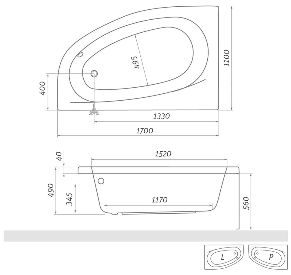 Roth Asymetrická akrylátová vana ISABELLA NEO Varianta: rozměry: 170x110 cm, orientace: Pravá - (ISABELLA NEO 170 P - 9710000)