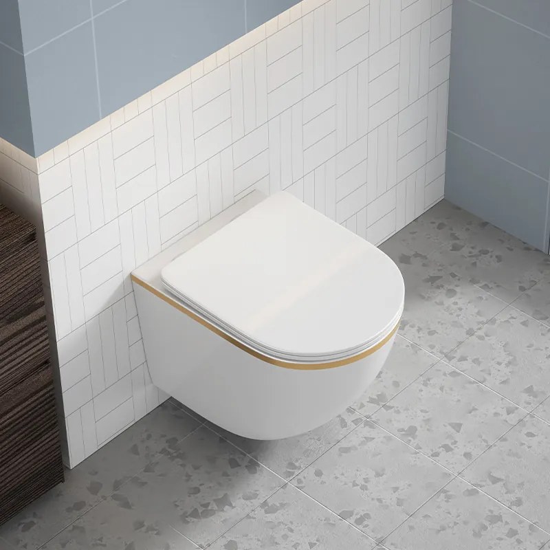 BPS-koupelny Závěsná WC mísa se SoftClose sedátkem HYD-5619, bílá mat/zlatý