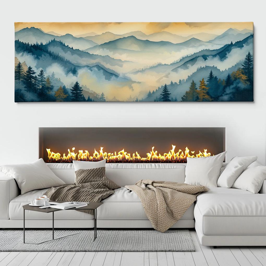 Obraz na plátně - Mlžné kopečky se smrkovými lesy FeelHappy.cz Velikost obrazu: 180 x 60 cm