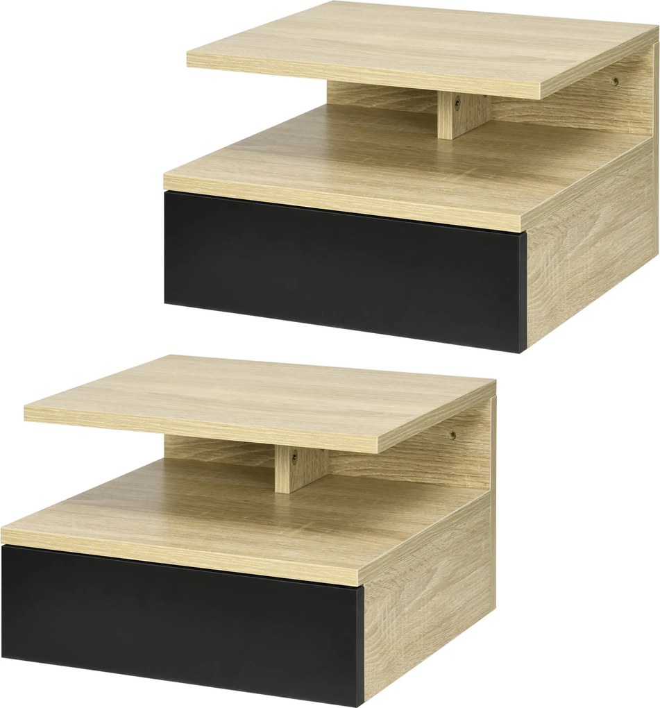 HOMCOM Sada 2 Floating Nočních Stolků Závěsných Nočních Stolků s 1 Šuplíkem a Otevřenou Policí do Ložnice 35x32x22,5 cm Dub a Černá
