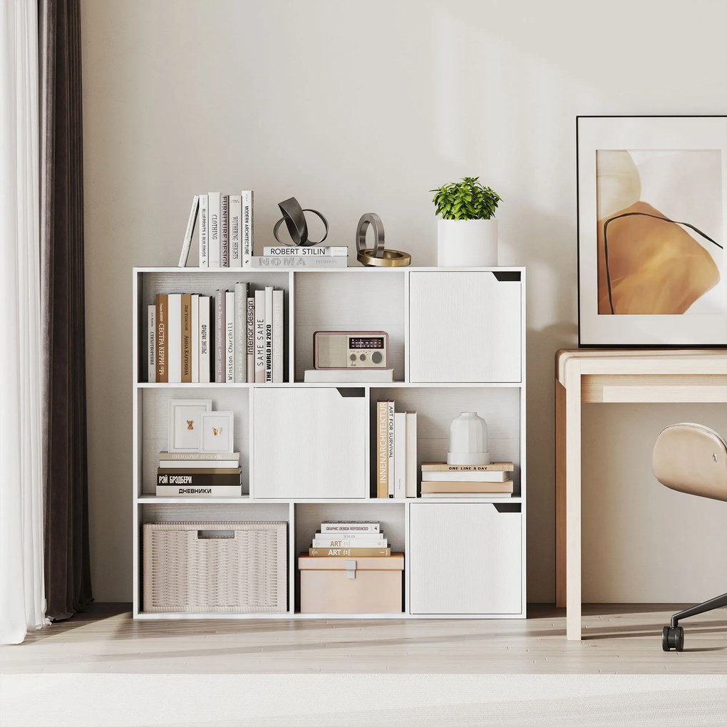 HOMCOM regál 9 přihrádek se 3 dveřmi, 106 x 24 x 95 cm, bílý