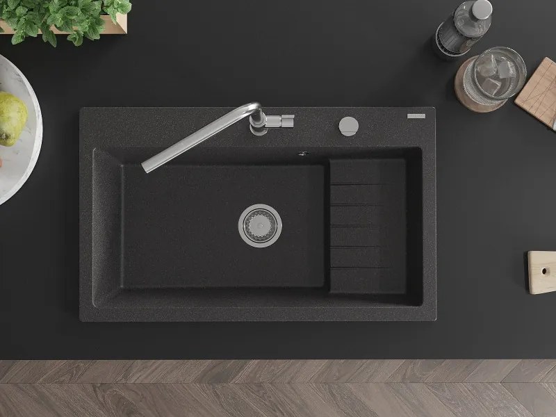 Mexen Omar žulový dřez 1-komorový 800 x 480 mm, černý tečkovaný, sifon chrom - 6520801005-76