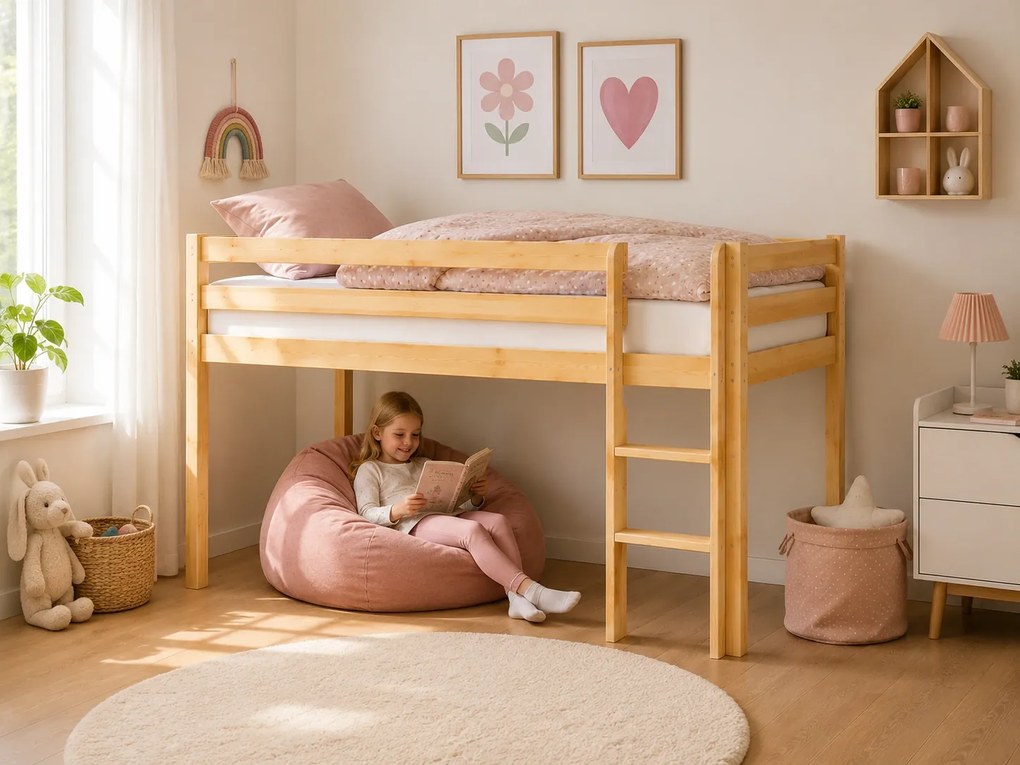 Dětská vyvýšená postel z masivu 200x90 cm – přírodní dřevo