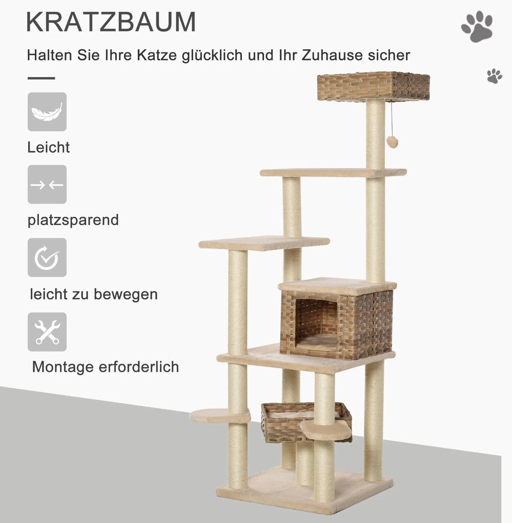 PawHut škrabadlo z ratanu, H174 cm, XXL kočičí strom s boxem, sedacími plošinami, kočičí jeskyně, sisal, béžová+hnědá
