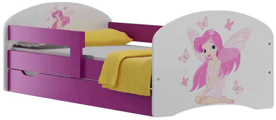 Dětská postel s motivem MALÁ VÍLA  se zábranou Rozměr: 140x70, Matrace: včetně matrace RELAX, Barevná kombinace: ŠVESTKA / BÍLÁ